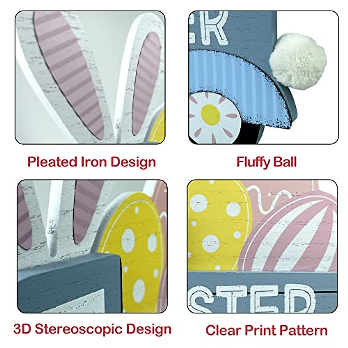 Eternhome Easter Decor Truck Eggs Bunny Block Happy Easter Wooden Table Decorations Farmhouse Rustic Cute Rabbit Ears Sign for Home Room, Tiered Tray, Fireplace, Shelf