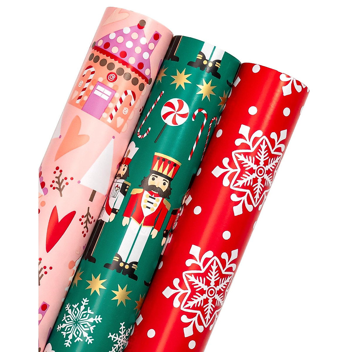 WRAPAHOLIC Christmas Wrapping Paper Roll - Mini Roll - 3 Rolls - 17 Inch X 120 Inch Per Roll - Nutcracker, House, Snowflake Holiday Collection