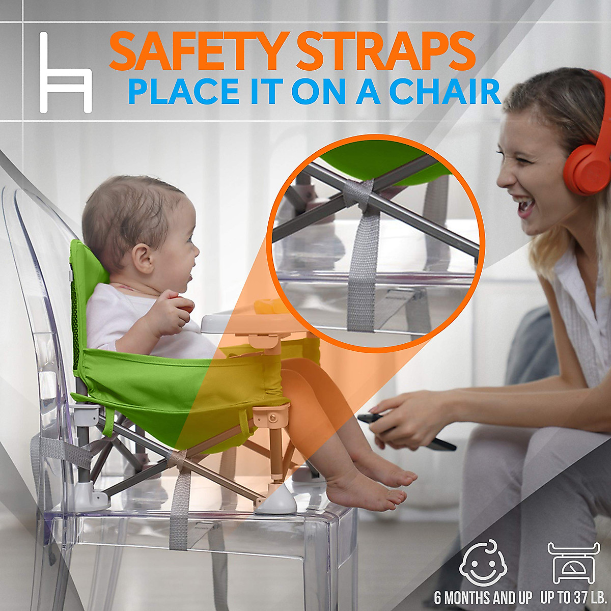 Serene Life Baby Seat Booster -Space Saver Toddler Booster Seat - Portable Pop and Open Sit Folding Booster Feeding Chair - Safety Belt/Food Tray/Travel Bag - SereneLife SLBS66G