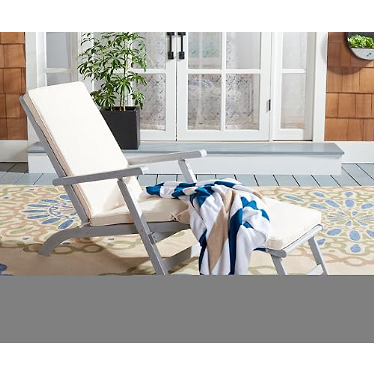 SAFAVIEH Outdoor Collection Palmdale Grey Solid Wood/Beige Cushion Chaise Lounge Chair (PAT7015D)