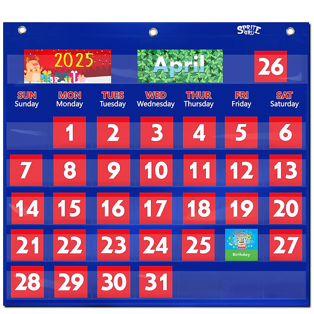 Blue Calendar Pocket Chart with 76 Cards,(68 Illustrated Activity Cards, 8 Dry Erasable Flash Cards and 3 Hooks)