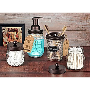4pcs & 4pcs Bronze Mason Jar Bathroom Accessories Set - 2 Foaming Soap Dispenser& 2 Qtip Holder (regular mouth)&2 Cotton Swab Holder (wide mouth)&2 Toothbrush Holder-Rustic Farmhouse Decor Bathroom