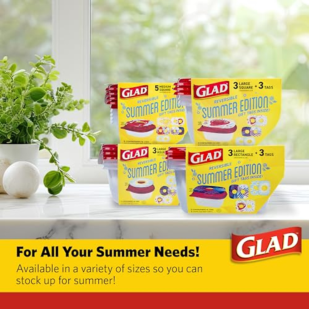Glad Food Storage Containers, GladWare Summer Edition with Reversible Lid Inserts – 3 Ct Large Round Containers & Lids, 48oz Microwave-Safe, Freezer-Safe, Dishwasher Safe