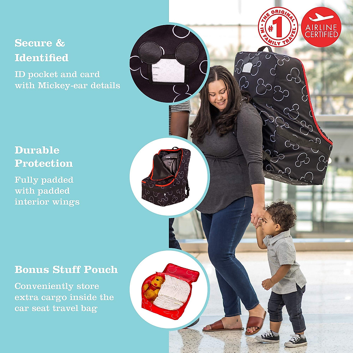 J.L. Childress Disney Baby Ultimate PREMIUM Backpack Padded Car Seat Travel Bag - Car Seat Gate Check Bag - Fits All Car Seats & Booster Seats - Mickey Mouse