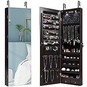 Giantex Wall Door Mounted Jewelry Armoire Cabinet with 47.5" H Full Length Mirror, 2 LEDs Lockable Jewelry Organizer Box with Bracelet Rod, 2 Drawers, Large Storage Capacity (Espresso)