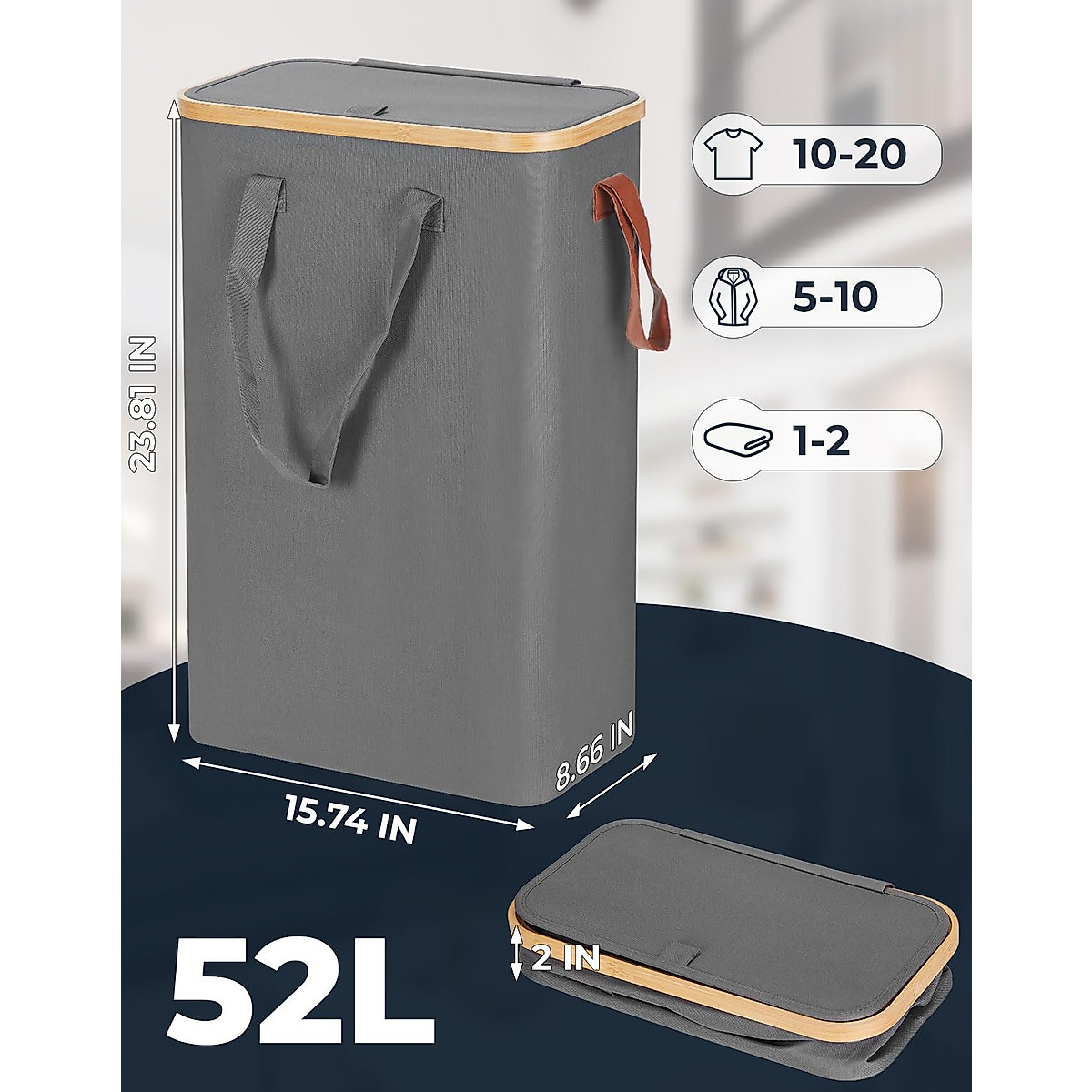 yamagahome Slim Laundry Basket with lid, Collapsible Narrow Laundry Hamper with Removable Washable Laundry Bag, Thin Hamper Storage Basket Made of Bamboo and Oxford for Bedrooms, Bathroom, RV, 52L