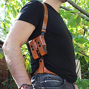 Premium Leather Vertical Shoulder Holster System with Double Magazine Carrier Fits Standart 1911 5'' BBL Colt, Kimber, para, Springfieldd, R/H Draw Brown Color