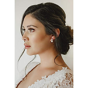 SWEETV Cluster Pearl Wedding Earrings for Birdes Bridesmaid, Crystal CZ Pearl Stud Earrings for Women, Prom, Ivory