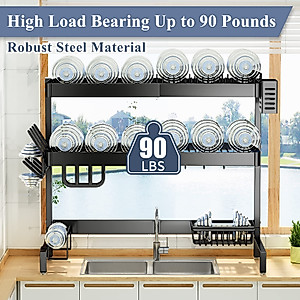 Over The Sink Dish Drying Rack, 3 Tier Dish Drying Rack Auto-Drain Expandable (19.9 to 34 inch) Kitchen Counter Dish Drainer Rack with Metal Steel Utensil Cup Holder Sink Caddy, Black