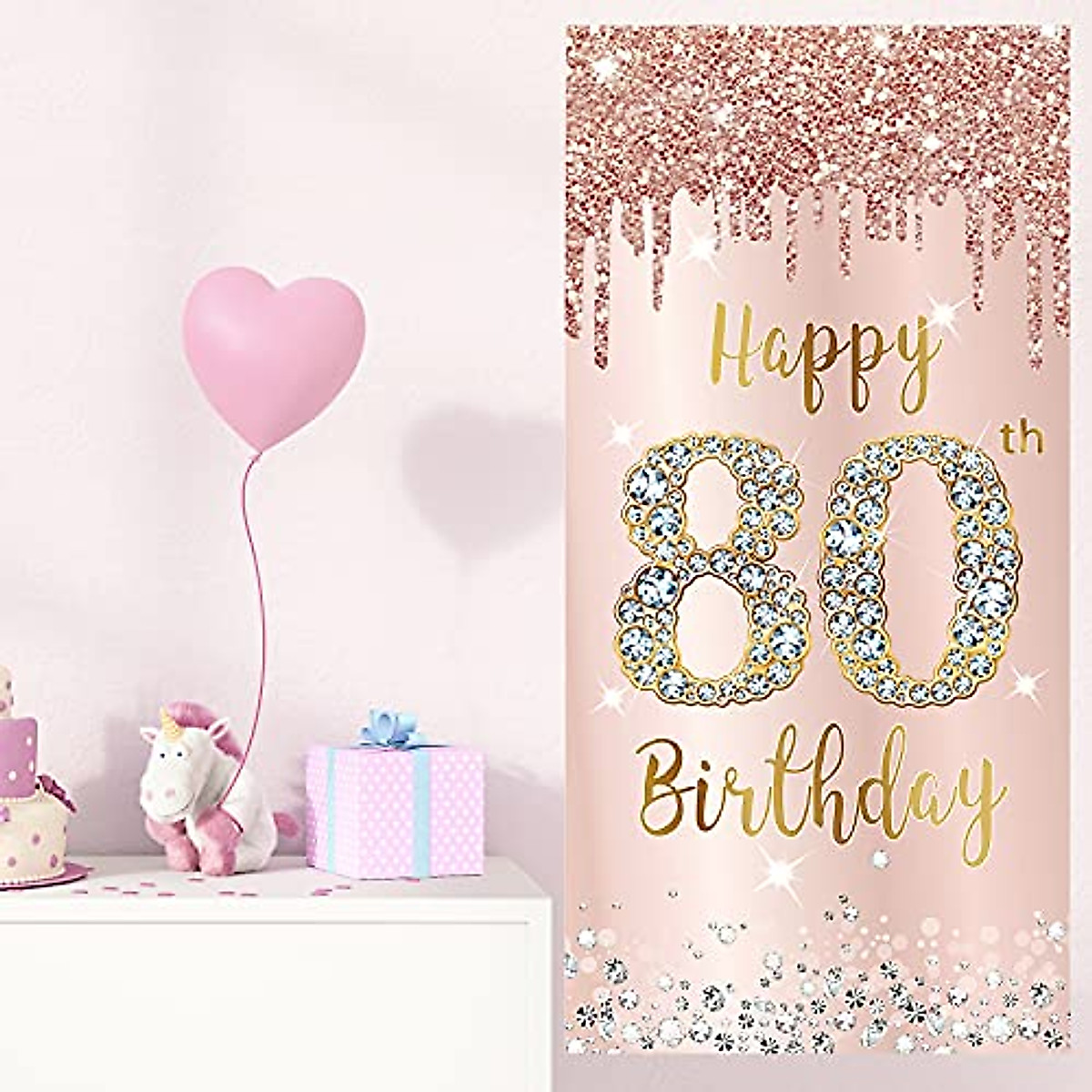 80th Birthday Door Banner Decorations for Women, Pink Rose Gold Happy 80th Birthday Door Cover Backdrop Party Supplies, Large 80 Year Old Birthday Poster Sign Decor