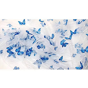 2Yards White mesh Blue Fantasy Butterfly Embroidery Lace White Mesh Fabric DIY Beautiful Creative Skirt Dress Decoration Fabric(White)