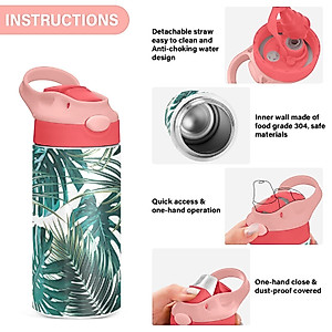 Tropical Palm Leaves Kids Water Bottle, Vacuum Insulated Stainless Steel, Double Walled Leakproof Tumbler Travel Cup for Girls Boys Toddlers, 12 oz