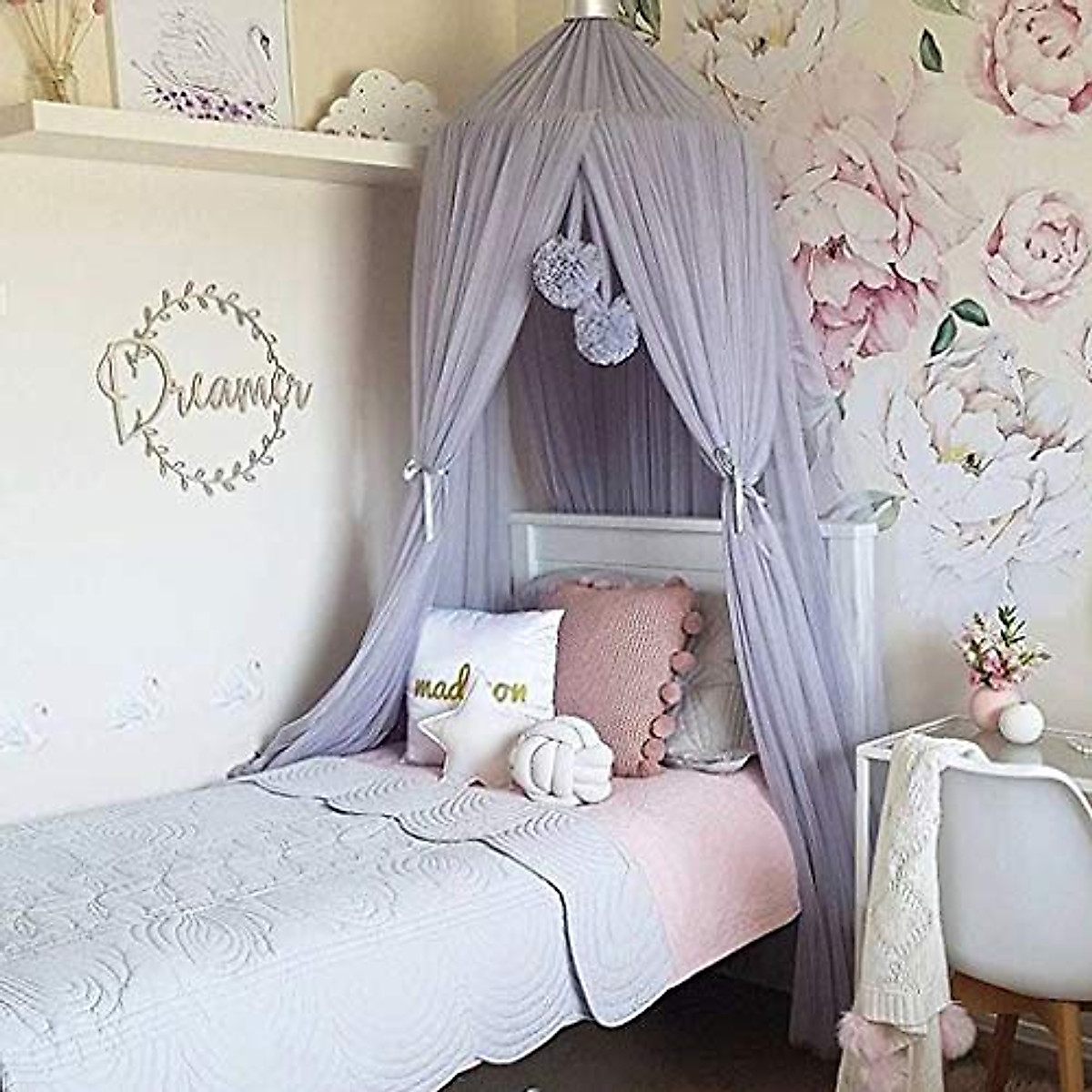 OldPAPA Bed Canopy for girls - Princess Bed Canopy Mosquito Net Nursery Play Room Decor Dome Premium Yarn Netting Curtains Baby Game Dream Castle, Grey