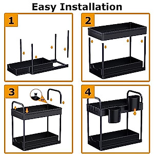 GEMWON Under Sink Organizer, 2 Tier Sliding Bathroom Organizer Cabinet Storage with Hooks, Hanging Cups, Handles, Multi-purpose Under Sink Shelf Organizer for Bathroom Kitchen(2 Pack)