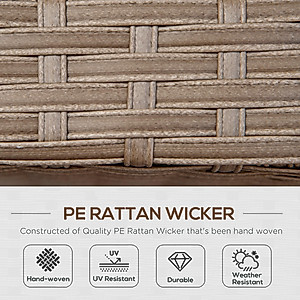 Outsunny Patio Furniture Set, 6 Piece PE Wicker Outdoor Furniture, Conversation Set with Ottomans, Table & Chairs, All Weather Sectional Sofa Couch, Blue Pillows, Khaki