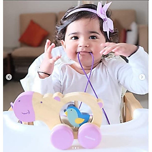 Shumee Wooden Hippo Pull Along Toy (1 Year+) with Attached String - Encourage Walking, Develop Hand-Eye Coordination, Build Gross Motor Skills