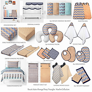 Bacati - 2 Pack Tribal/Aztec/Triangles Silky Soft Breathable 100% Cotton Muslin Baby Crib Fitted Sheets - Fits Standard 28 x 52 x 5 Crib & Toddler Mattresses (Orange/Navy Large Triangles)