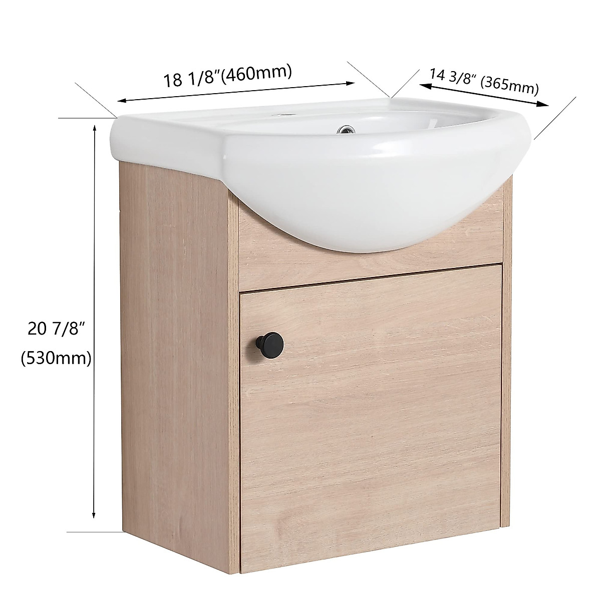 Pvillez Modern Bathroom Vanity with Sink Combo 18 inch Small Bathroom Vanity Set with Top Basin & Storage Cabinet Wood Wall Mounted Light Oak Bath Cabinet with Glossy Ceramic Sink for Small Space
