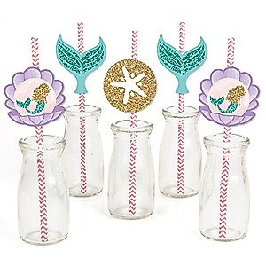 Let's Be Mermaids Paper Straw Decor - Baby Shower or Birthday Party Striped Decorative Straws - Set of 24