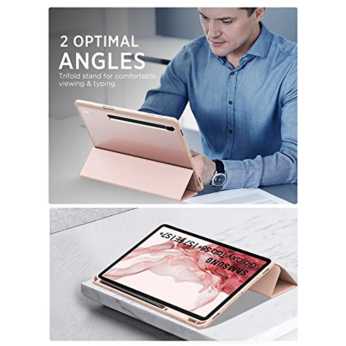 MoKo Case Fits Samsung Galaxy Tab S8 + 12.4 2022 (SM-X800/X806) / Tab S7 FE 12.4-Inch 2021 / Tab S7 Plus 12.4 2020 with S-Pen Holder, Transparent Back Tablet Cover with Auto-Wake, Rose Gold