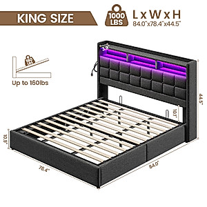 Driftalia Lift Up King Size Bed Frame with Storage, Upholstered King Bed Frame with Charging Station and LED Lights Headboard, No Box Spring Needed, Easy Assembly - Dark Grey