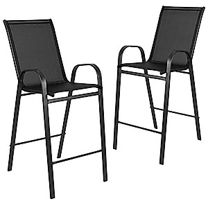 EMMA + OLIVER 2 Pack Brazos Series Black Outdoor Barstool with Flex Comfort Material and Metal Frame