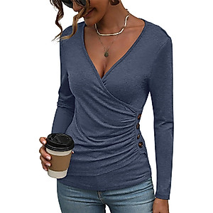EasyGala Women's Long Sleeve Blouses Deep V Neck Tops Sexy Wrap Ruched Cute Shirts A Navy Blue Long Sleeve Large