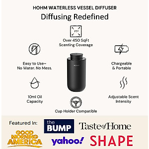 Hohm Vessel Diffuser - Portable Essential Oil Atomizer Diffuser for Essential Oils - Waterless Essential Oil Diffuser - Adjustable Scenting, Chargeable & 450 SQ-FT Coverage - Black