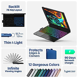 typecase Touch iPad 9th Generation Case with Keyboard (10.2", 2021), Multi-Touch Trackpad, 10 Color Backlight, 360° Rotatable, Thin & Light for 8th Gen (2020), 7th Gen (2019), Air 3, Pro 10.5 (Black)
