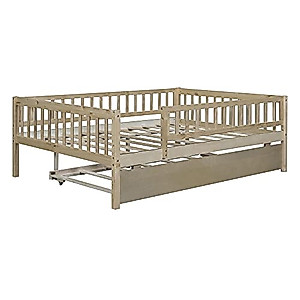 Sedgeria Full Size Montessori Bed for Toddlers Wooden Toddler Daybed with Fence and Trundle, Low Bed Frame with Rails for Kids Boys Girls, Natural