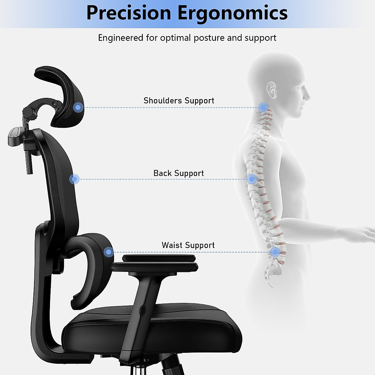 Office Chair, Ergonomic Desk Chair, High Back Desk Chair, Big and Tall Reclining Comfy Home Office Chair with Lumbar Support Breathable Mesh Computer Chair Adjustable Armrests