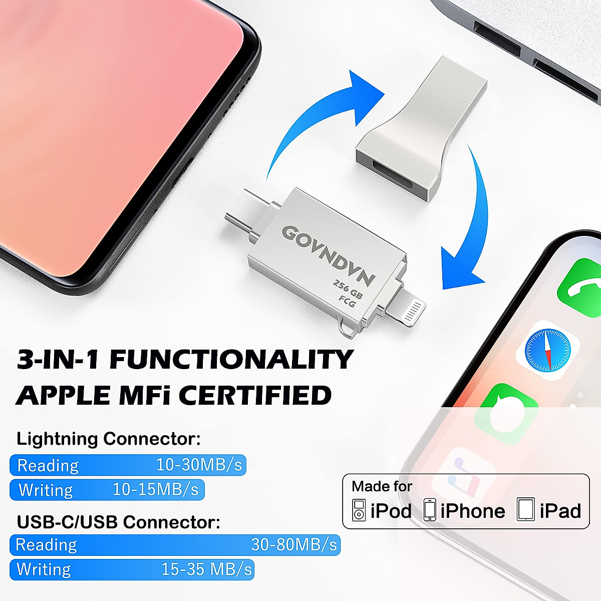 GOVNDVN MFi Certified 256GB iPhone Photo-Stick-USB-C iPhone-Flash Drive Photo-Storage-Thumb-Drive iPhone Backup Stick iPhone Memory Storage for iPhone 15/14/13/12/11 iPad Mac PC Android