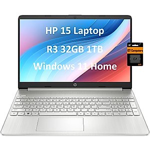 HP 15 Laptop (15.6" HD Display, AMD Ryzen 3 5300U (Beats i5-11300H), 32GB RAM, 1TB SSD) Home & Business Laptop, Narrow-Bezel, Long Battery Life, Webcam, Numpad, IST SD Card, Win 11 Home, Silver