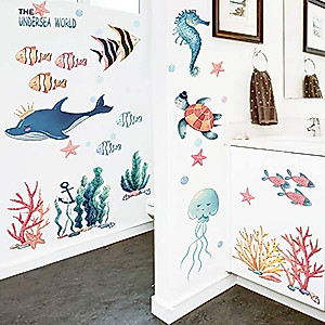 Amaonm Giant Removable 3D DIY Under The Sea World Wall Decals Ocean Animals Wall Stickers Ocean Fish Seahorse Coral Turtle Wall Decor for Girls Bedroom Kids Bathroom Home Walls Living Room Decoration