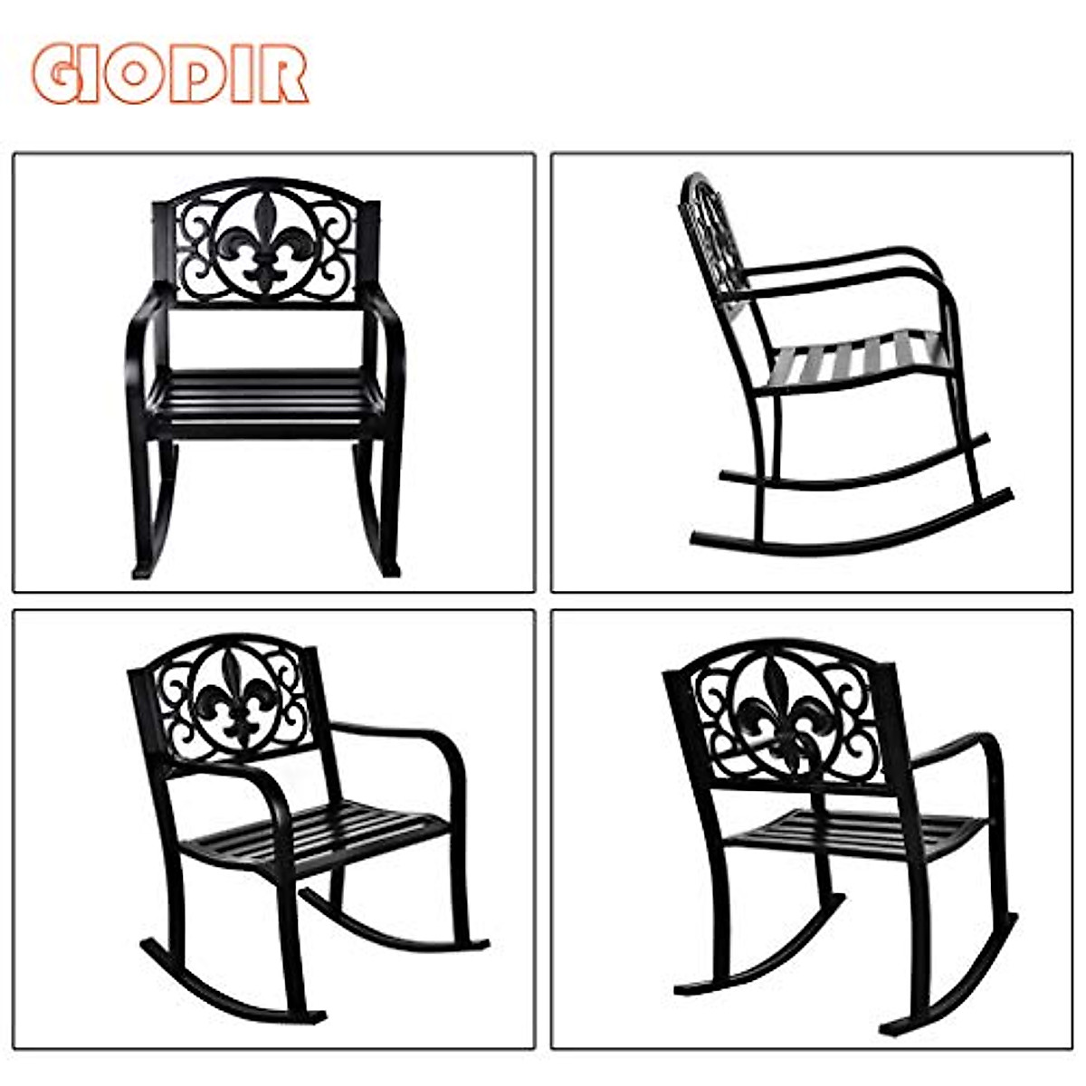 GIODIR Outdoor Patio Rocking Chair, Metal Rocking seat for for Deck, Backyard or Garden w/Scroll Design (Black)…