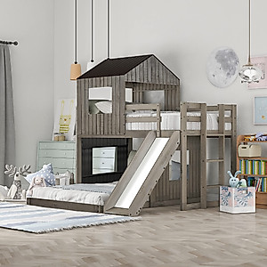 Harper & Bright Designs Twin Over Full Bunk Bed with Slide and Roof, Wood House Bunk Bed with Ladder and Guardrails, Playhouse Bed for Kids Teens Girls Boys – Antique Gray