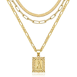 KissYan Gold Layered Initial Necklace Set for Womens, 14K Gold Plated Letter A Pendant Necklace Paperclip Snake Choker Alphabets from A-Z Figaro Chain Necklace Jewelry Gift
