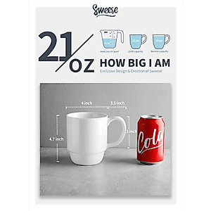 Sweese 21 Oz Large Coffee Mug, Porcelain Stackable Coffee Mugs Sets of 6, Coffee Cups with Handle for Coffee, Tea and Mulled Drinks, White