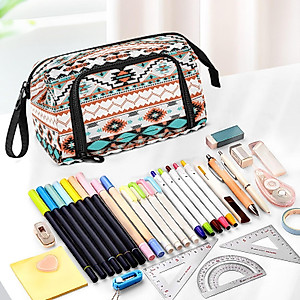 DEHOZO Portable Pencil Case Pen Bag with Zipper, Ethnic Aztec Geometric Large Pencil Pouch Pen Case Stationery Bag for Office School Student, Multifunctional Pen Box for Girl Boy Men Women