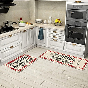 YOUWOUS The Kitchen is Seasoned with Love Kitchen Mats Set of 2-17x29 and 17x47 Inch, Decorative Non Slip Backing Floor Mat for Home Kitchen Red