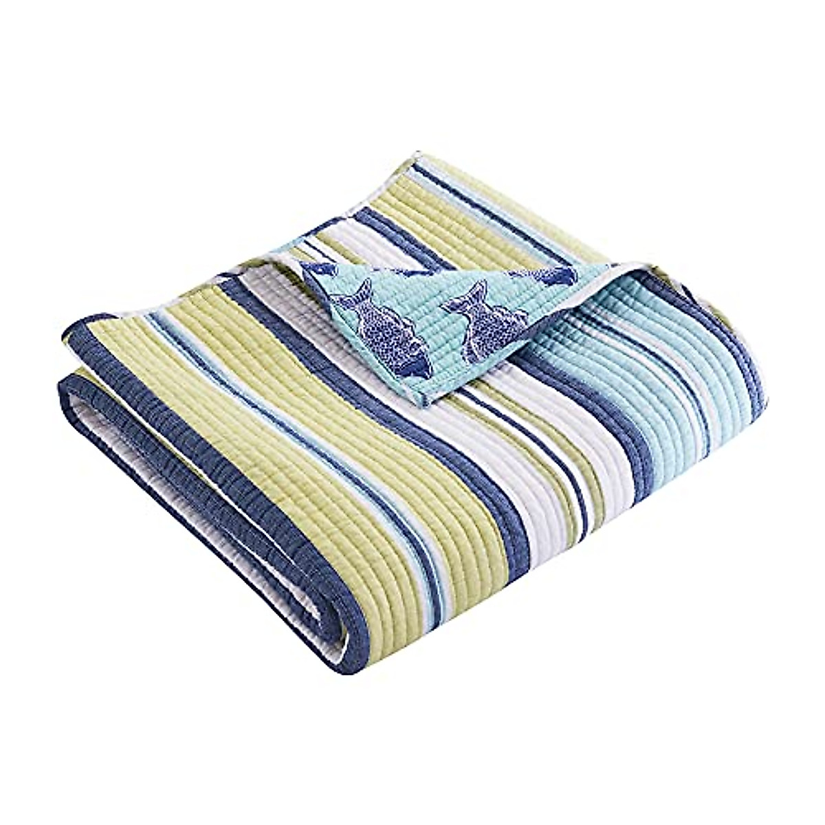 Levtex Home - Bayport - Quilted Throw - 50x60in. - Coastal Stripe - Green, Blue, White - Reversible Pattern - Cotton Fabric