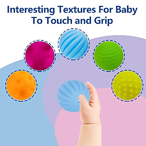 ROHSCE Baby Textured Multi Ball Set, 6pcs Colorful & Bright Child Touch Hand Ball Toy Infant Sensory Balls Massage Soft Ball, 6-12 Months Baby Learning Grasping Soft Sensory Toys for Kids Gift