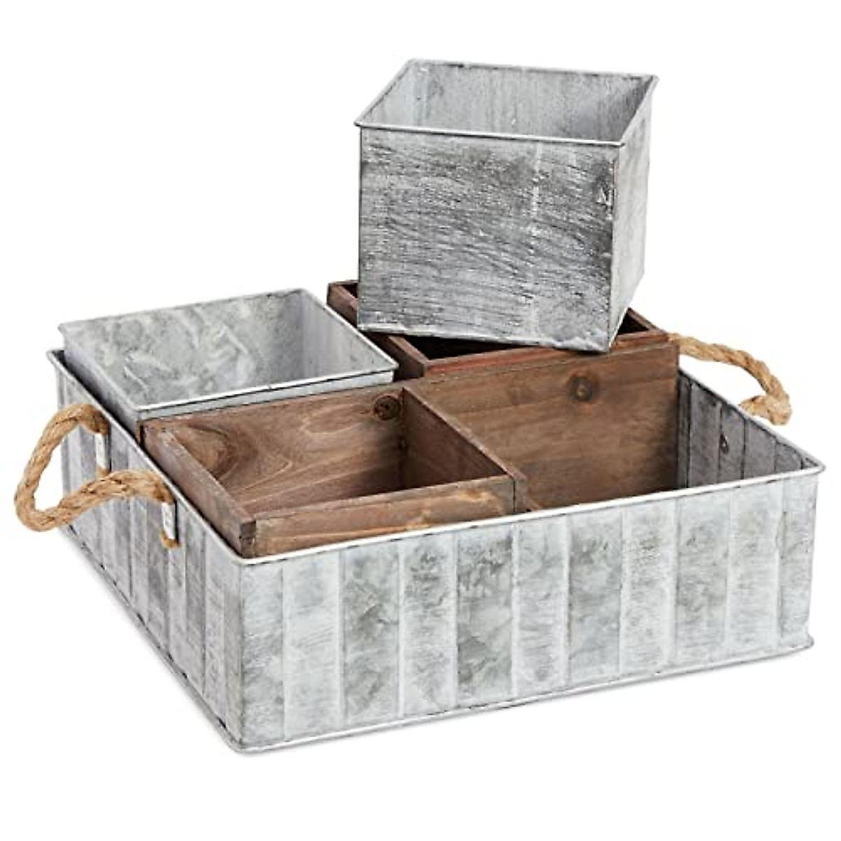 Farmlyn Creek 5 Piece Galvanized Metal Tray with Dividers and Removable Wooden Storage Boxes, Rustic Kitchen Decor (13 x 5 In)