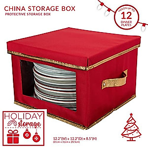 Simplify Holiday Dinner Plate Dinnerware Storage Box | 12.2 Inch | Christmas China | 12 Felt Dividers | Tableware Setting | Red