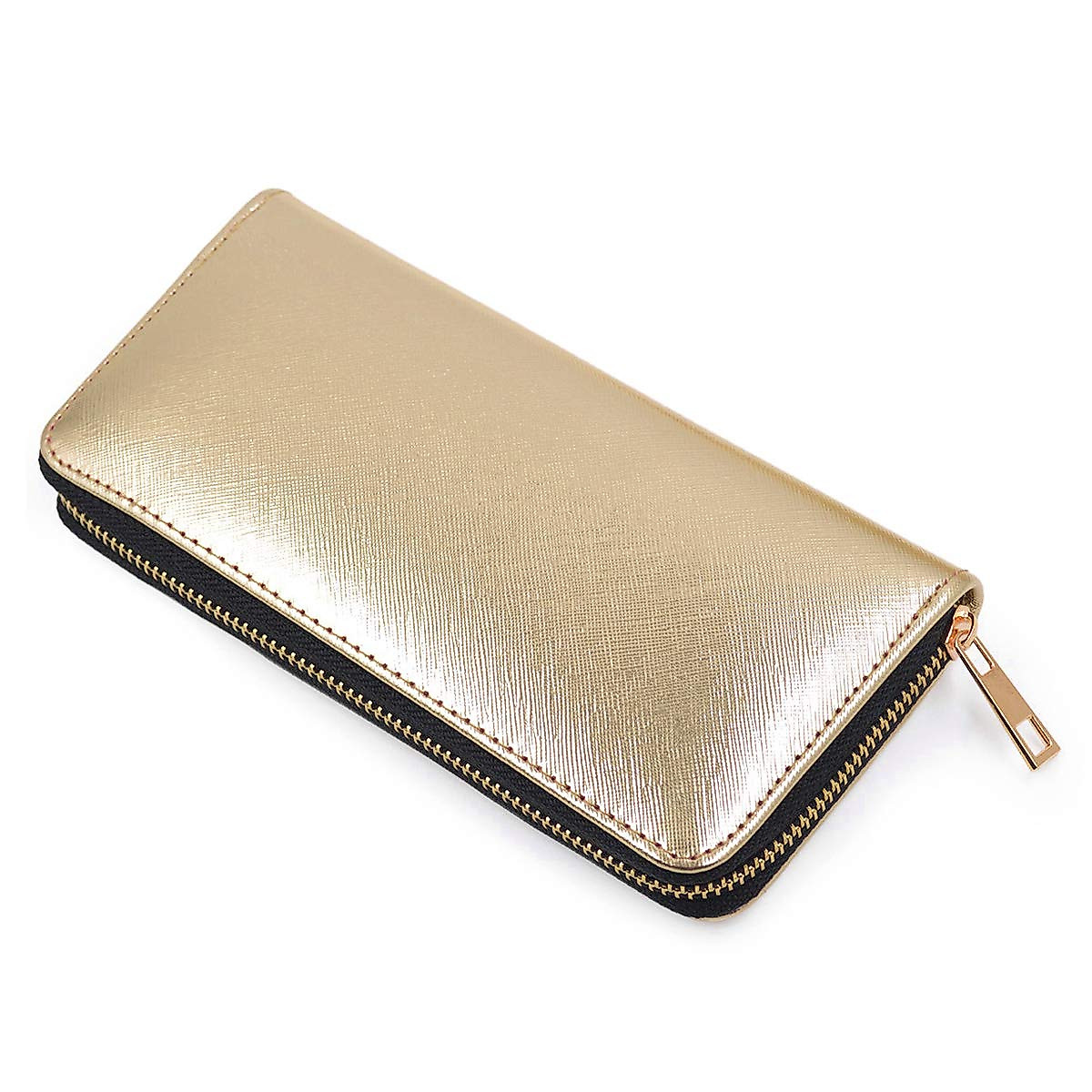 Premium Vegan Saffiano Leather Continental Zip Around Wallet, Gold