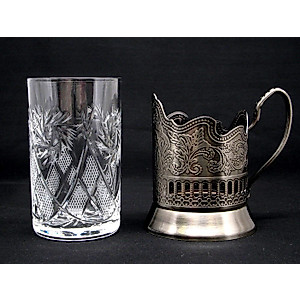 Neman GHOLD(1)+GL5107(1), 8.5 Oz Crystal Tea Glass with Podstakannik, Hot/Cold Beverage Glass with Metal Holder
