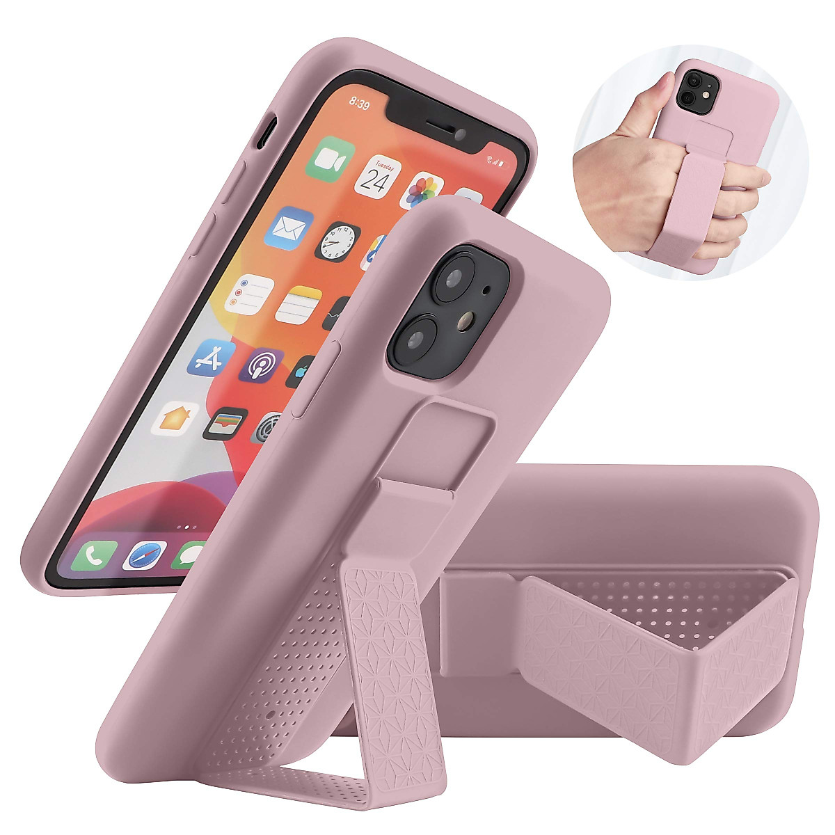 LAUDTEC iPhone 12 Mini Case with Kickstand, Vertical/Horizontal Stand Hand Strap Kickstand | Microfiber Linner | Liquid Silicone Full Body Protective Stand Case for iPhone 12 Mini 5.4'' Pink