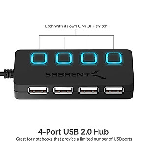 SABRENT 4 Port Portable USB 2.0 Hub + 4-Port USB 2.0 Hub with Individual LED lit Power Switches