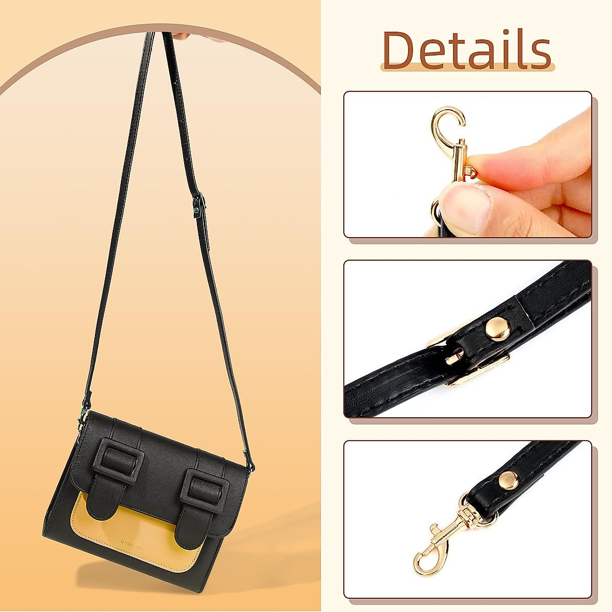 RAYNAG Adjustable Purse Strap Replacement Leather Handbag Shoulder Strap Replacement, Black with Gold Metal Swivel Hooks