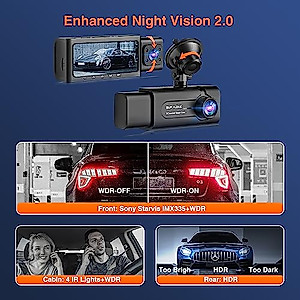 SPADE 3 Channel Dash Cam Front and Rear Inside, 1080P Full HD Dash Camera for Cars, Free 32GB SD Card, 170° Wide Angle, 3.16”IPS Screen, Night Vision, WDR, 24H Parking Mode